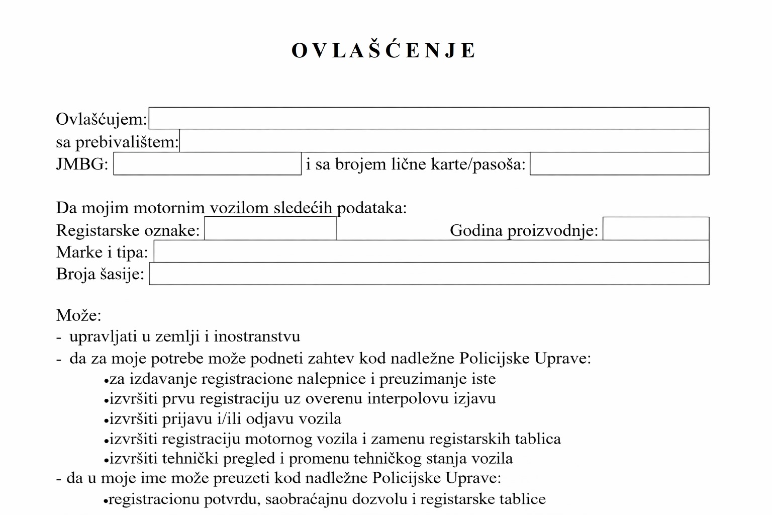 Ovlašćenje za auto kod notara, obrazac i primer popunjavanja - Obrazac